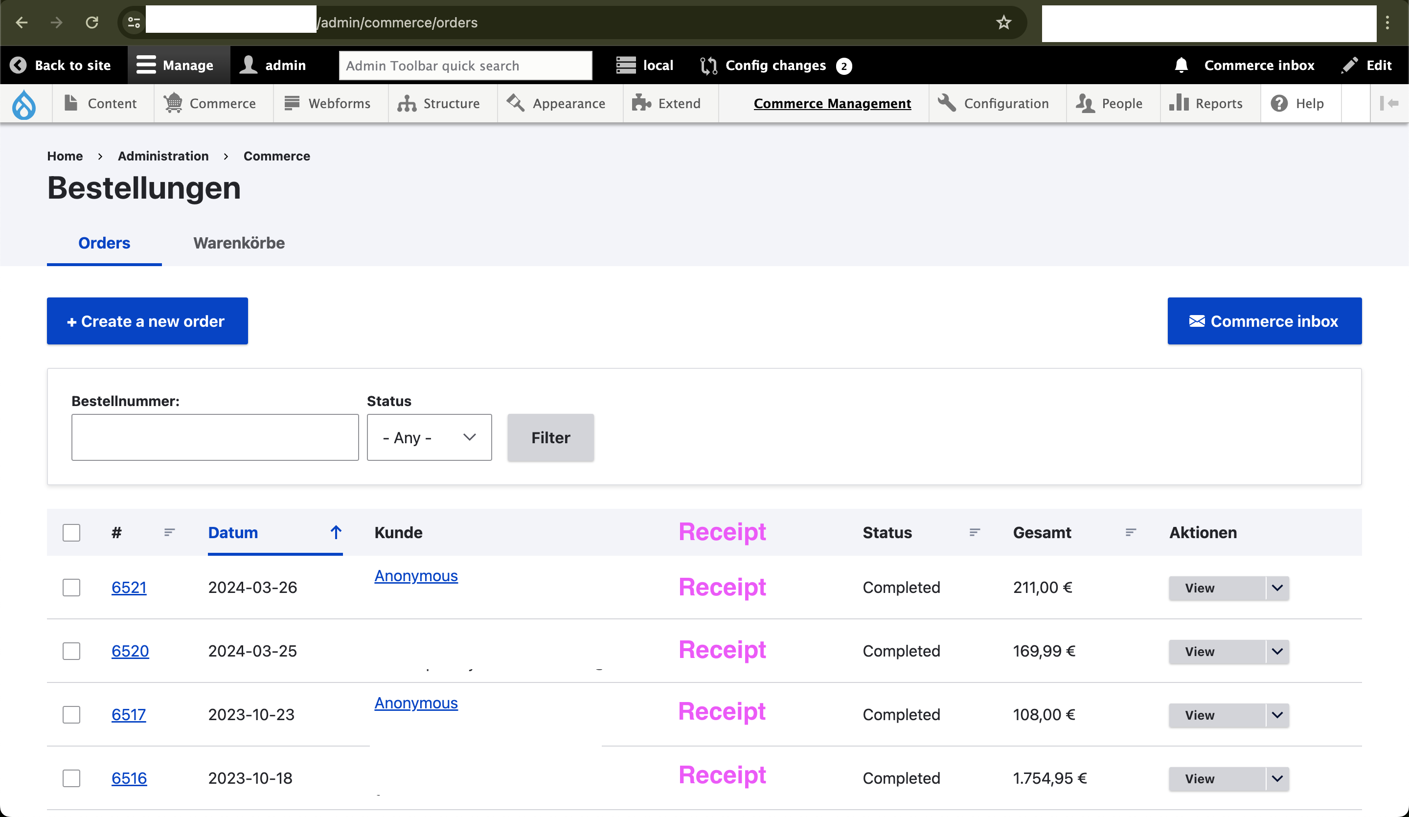 Expose "Receipt" link views field for completed orders [#3443469] | Drupal.org